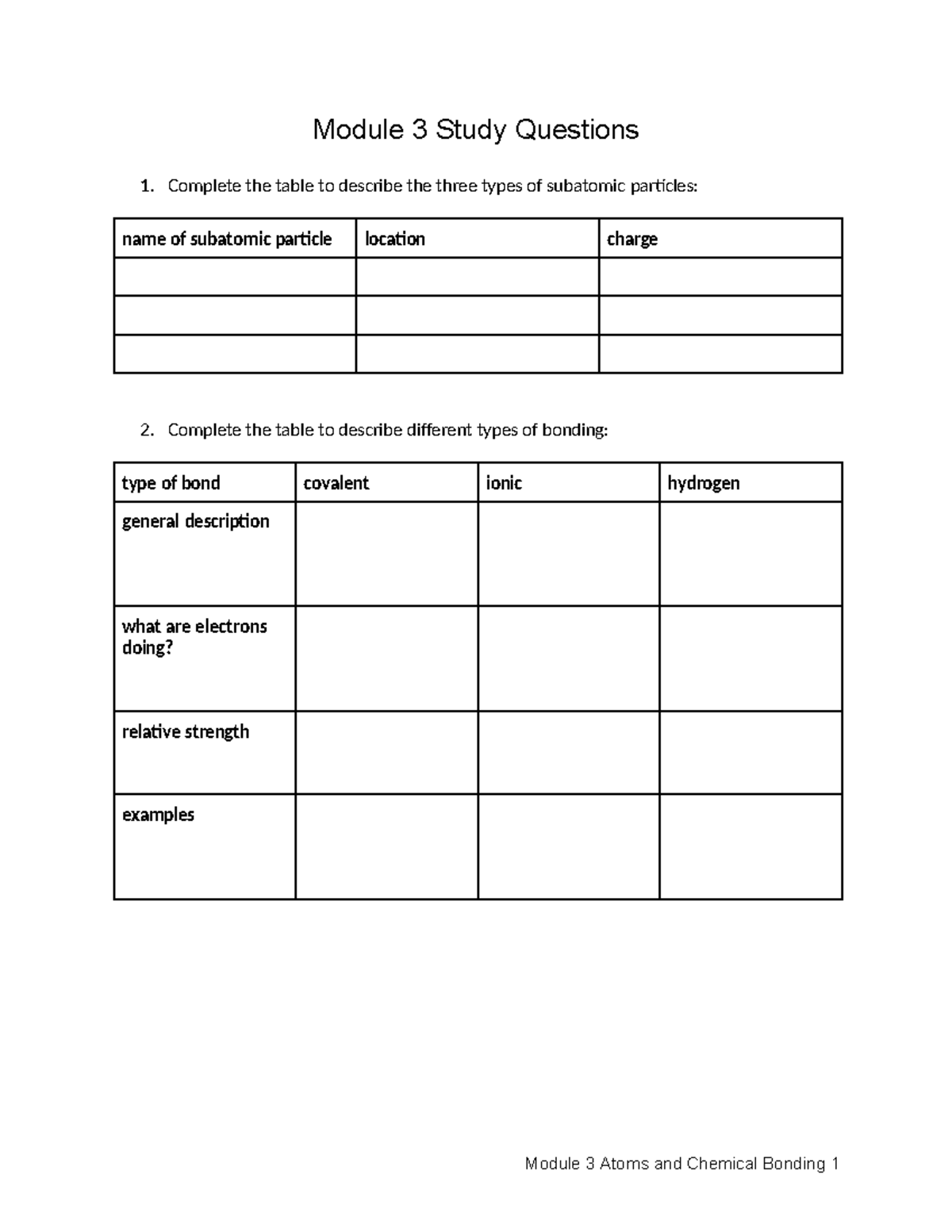 Bio-module 3 study questions - Module 3 Atoms and Chemical Bonding 1 Module 3 Study Questions 1 ...