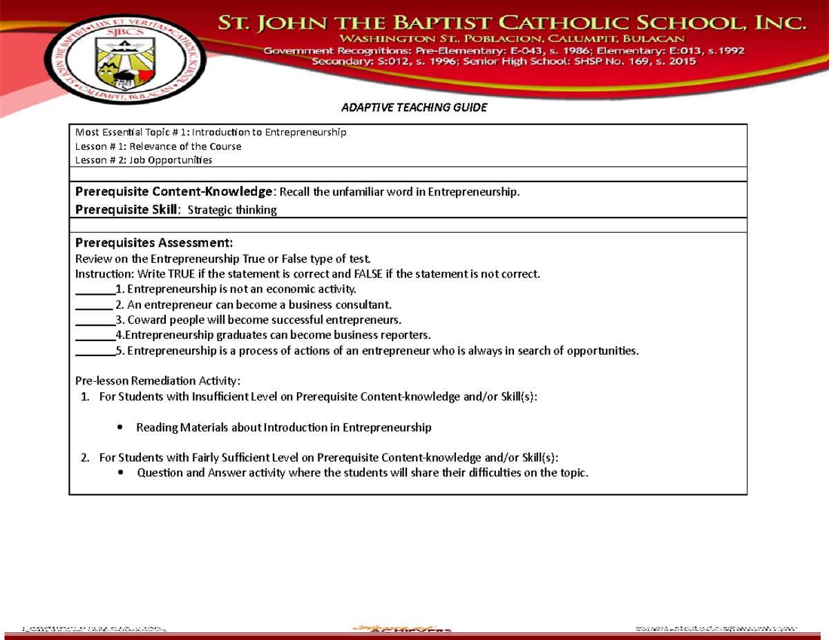 ATG1 Entrep 12 - ADAPTIVE TEACHING GUIDE Most Essential Topic # 1 ...
