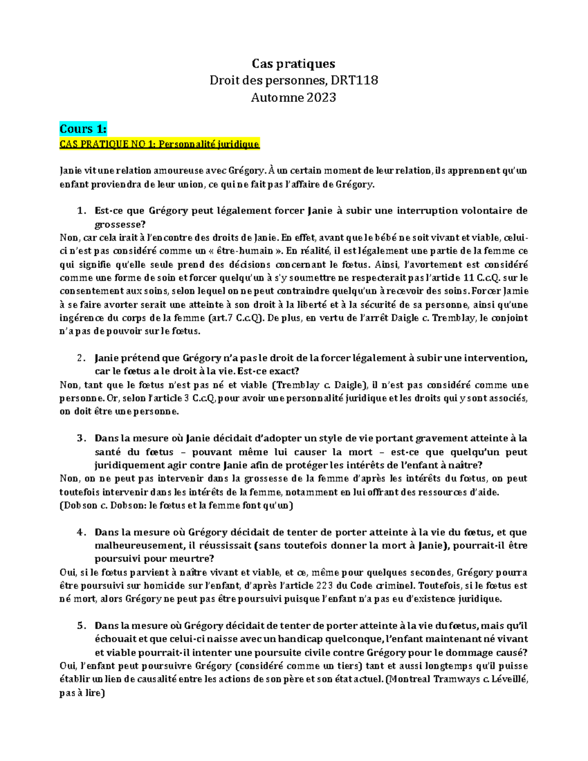 Cas pratiques- Droit des personnes, cours 1-5 - Cas pratiques Droit des ...
