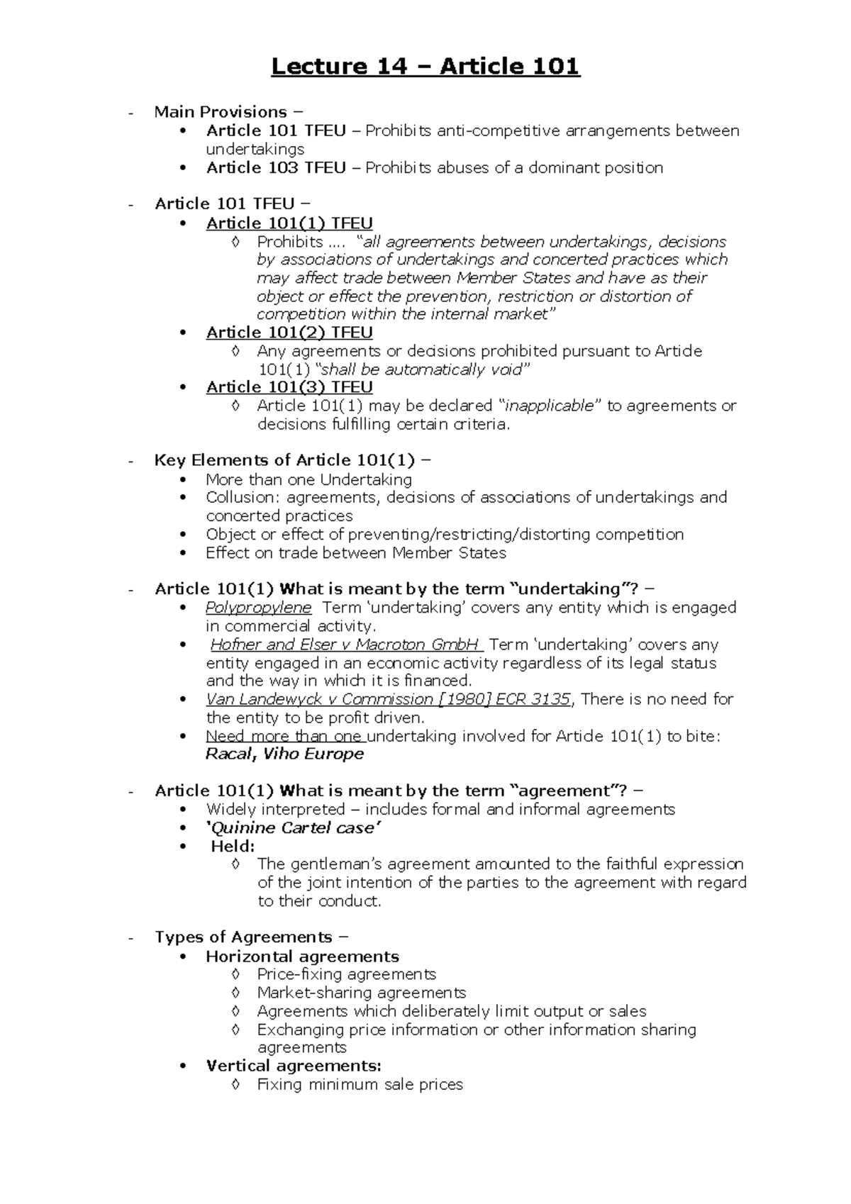 Article 101 - Lecture 14 – Article 101 - Main Provisions – Article 101 TFEU – Prohibits - Studocu