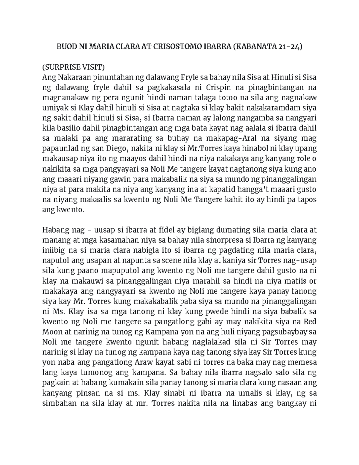 Janies - Surprise visit - BUOD NI MARIA CLARA AT CRISOSTOMO IBARRA (KABANATA 21-24) (SURPRISE ...