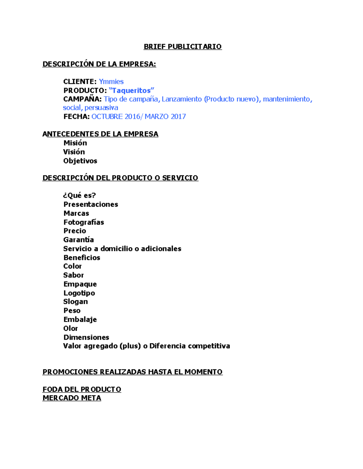 Formato Brief Publicitario - BRIEF PUBLICITARIO DESCRIPCIÓN DE LA ...