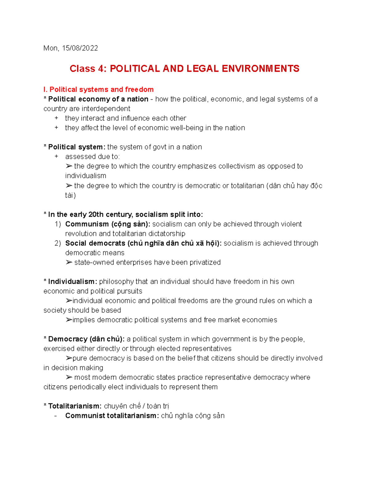 MGMT1005 Class 4 - lecture note - Mon, 15/08/ Class 4: POLITICAL AND ...