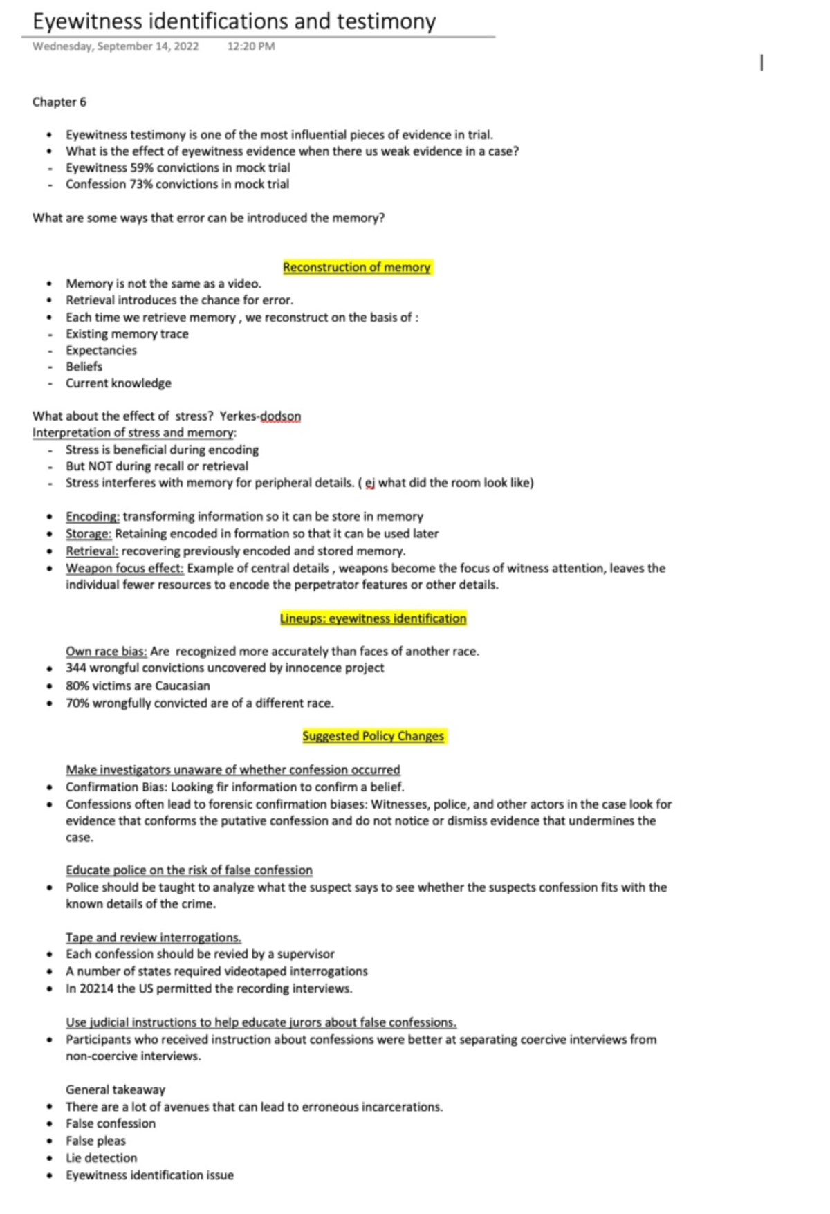 Class Notes Legal PSY 4 - Eyewitness identification and testimony ...