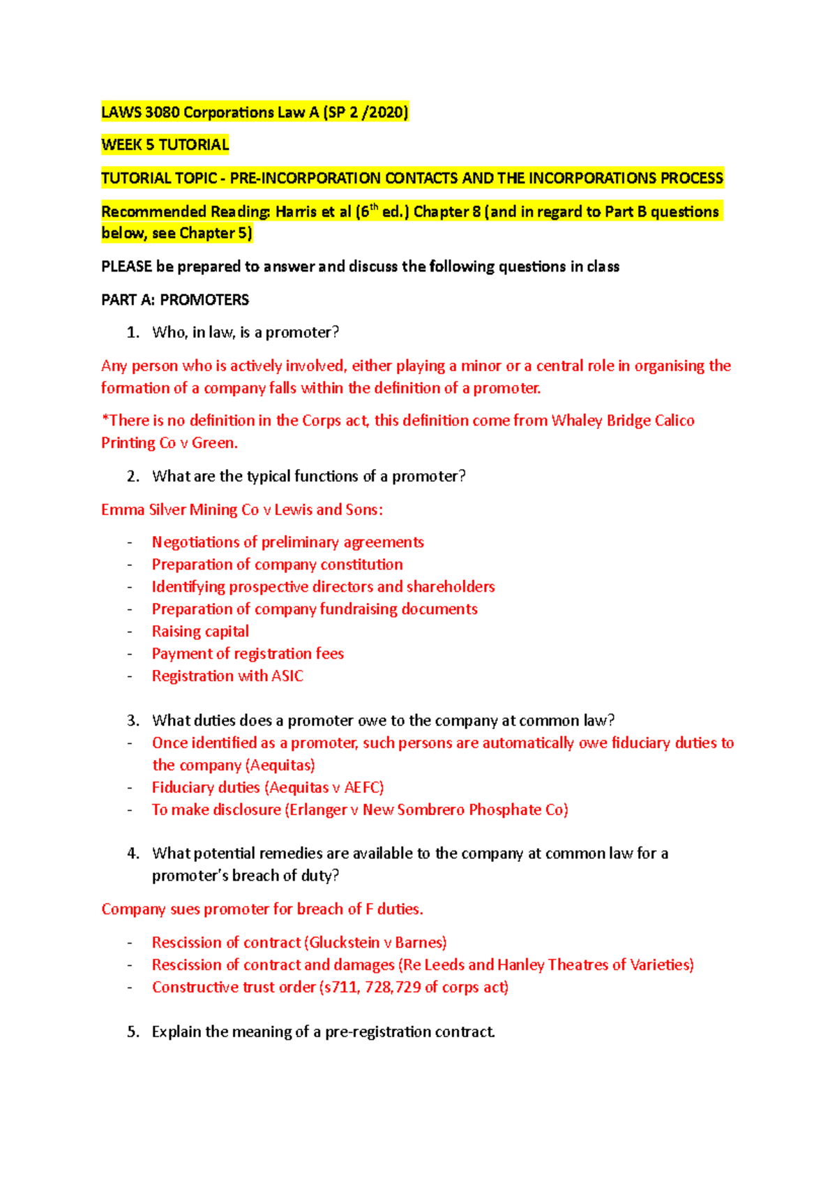 Week 5 - Tutorial notes - LAWS 3080 Corporations Law A (SP 2 /2020 ...