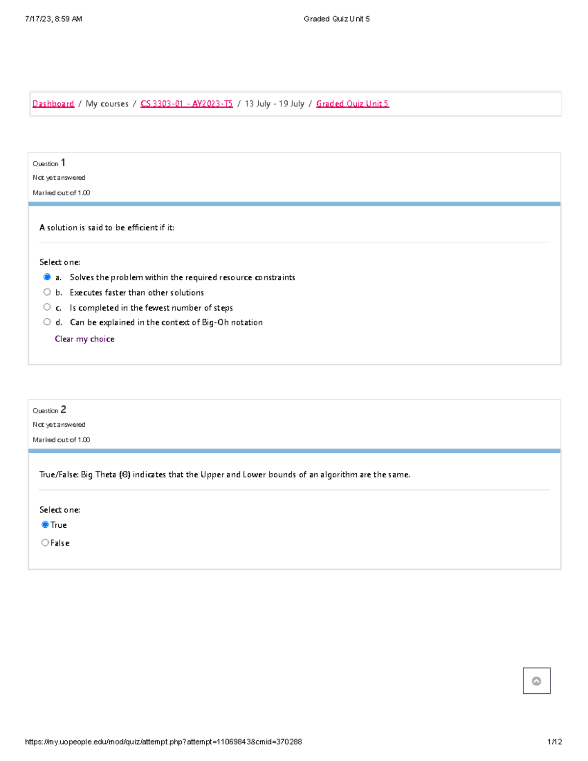 Graded Quiz Unit 5 - Question 1 Not yet answered Marked out of 1 ...