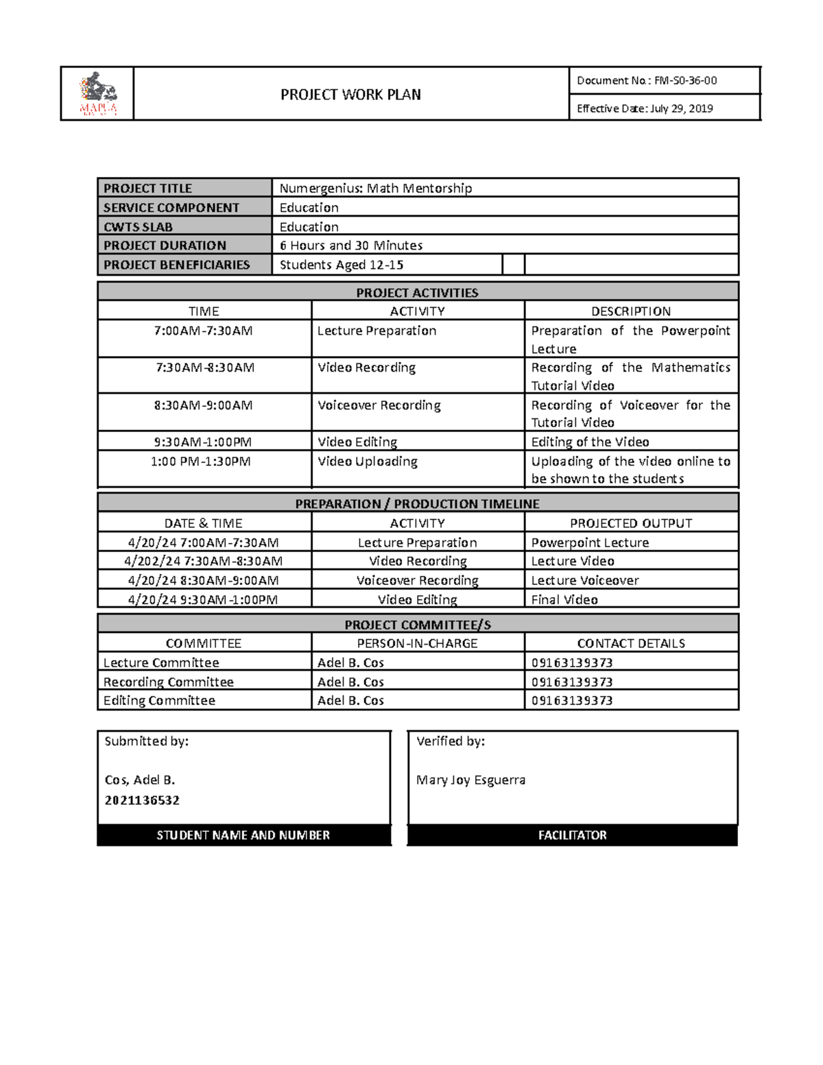 Cos AB-CWTS102-A4-PWP - PROJECT WORK PLAN Document No.: FM-S0-36 ...