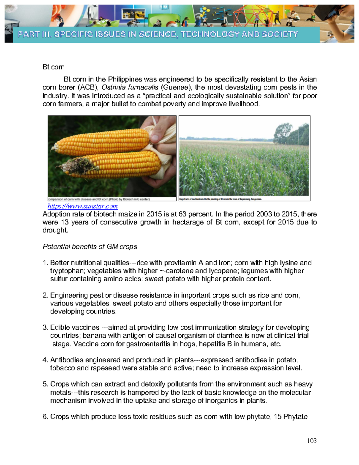 STS 14 - STS 14 NOTES - Bt corn Bt corn in the Philippines was ...