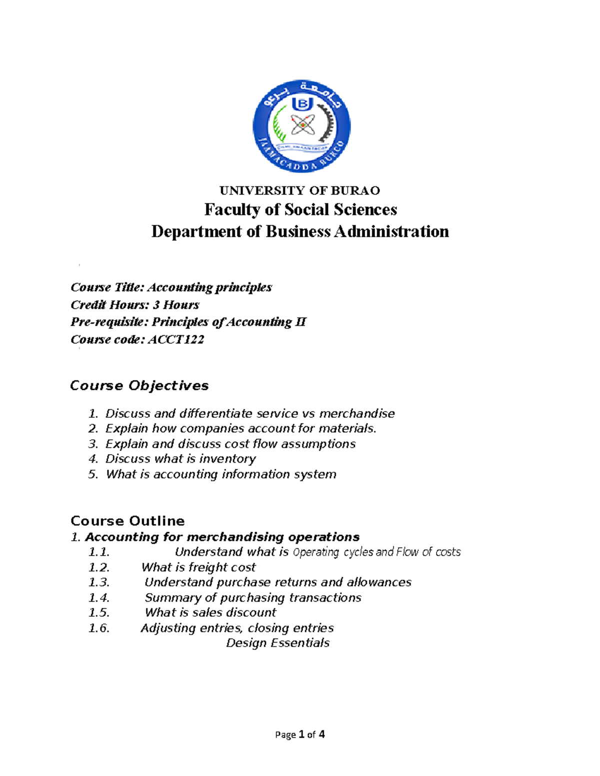 Course Outline Accounting II - UNIVERSITY OF BURAO Faculty of Social ...