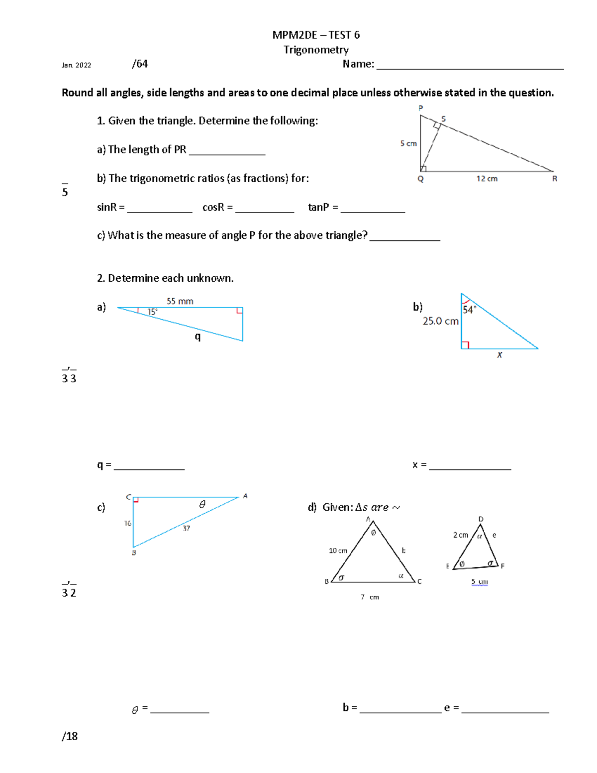 Grade 10 Math Test Trig Good Math Test Study Guide MPM2DE TEST 6