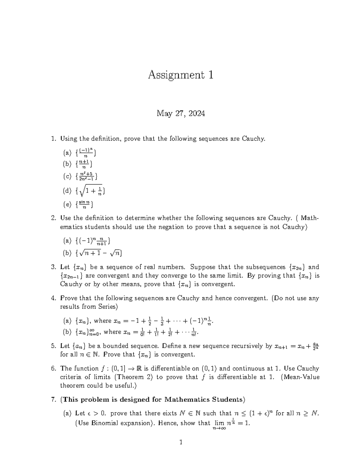 Assignment 1 - (a) {(− n1) n} (b) {n+1 n } (c) { 2 nn 22 +5− 1 } (d ...