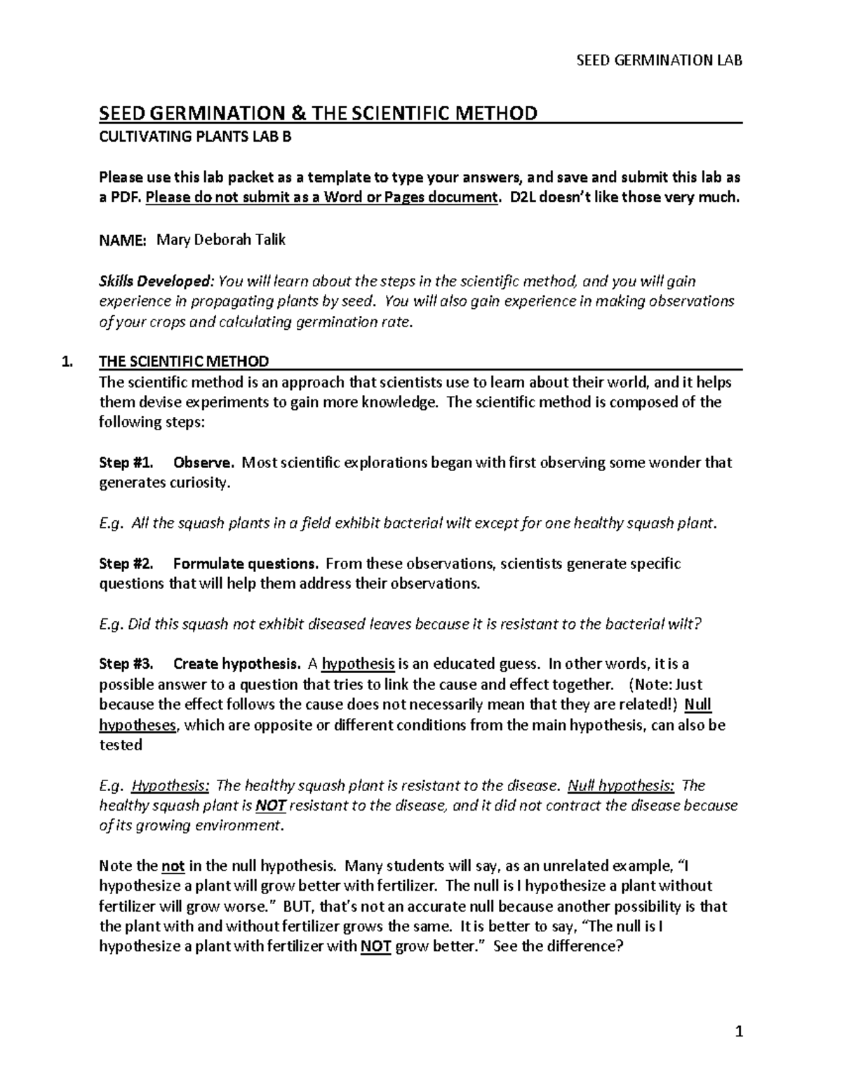 Lab 2 - Seed and Sci Method - SEED GERMINATION & THE SCIENTIFIC METHOD ...