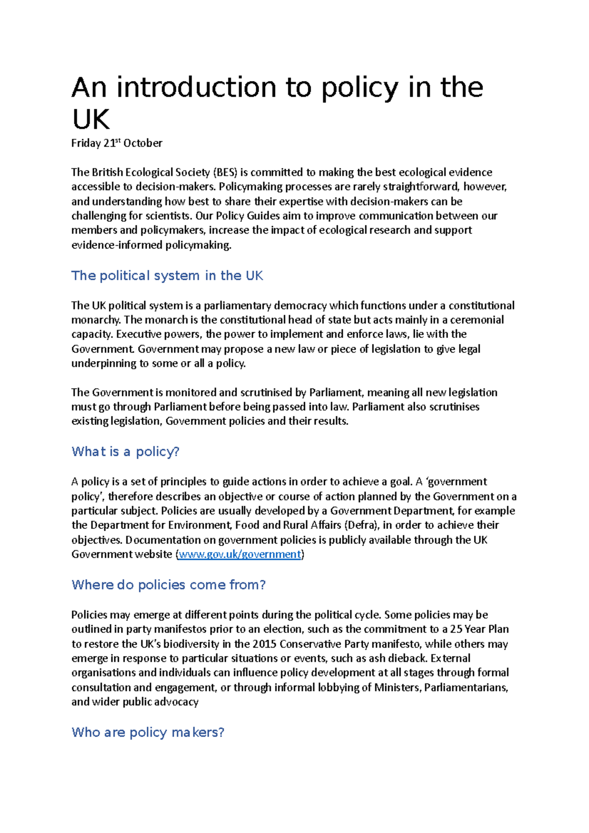 An introduction to policy in the uk - An introduction to policy in the ...