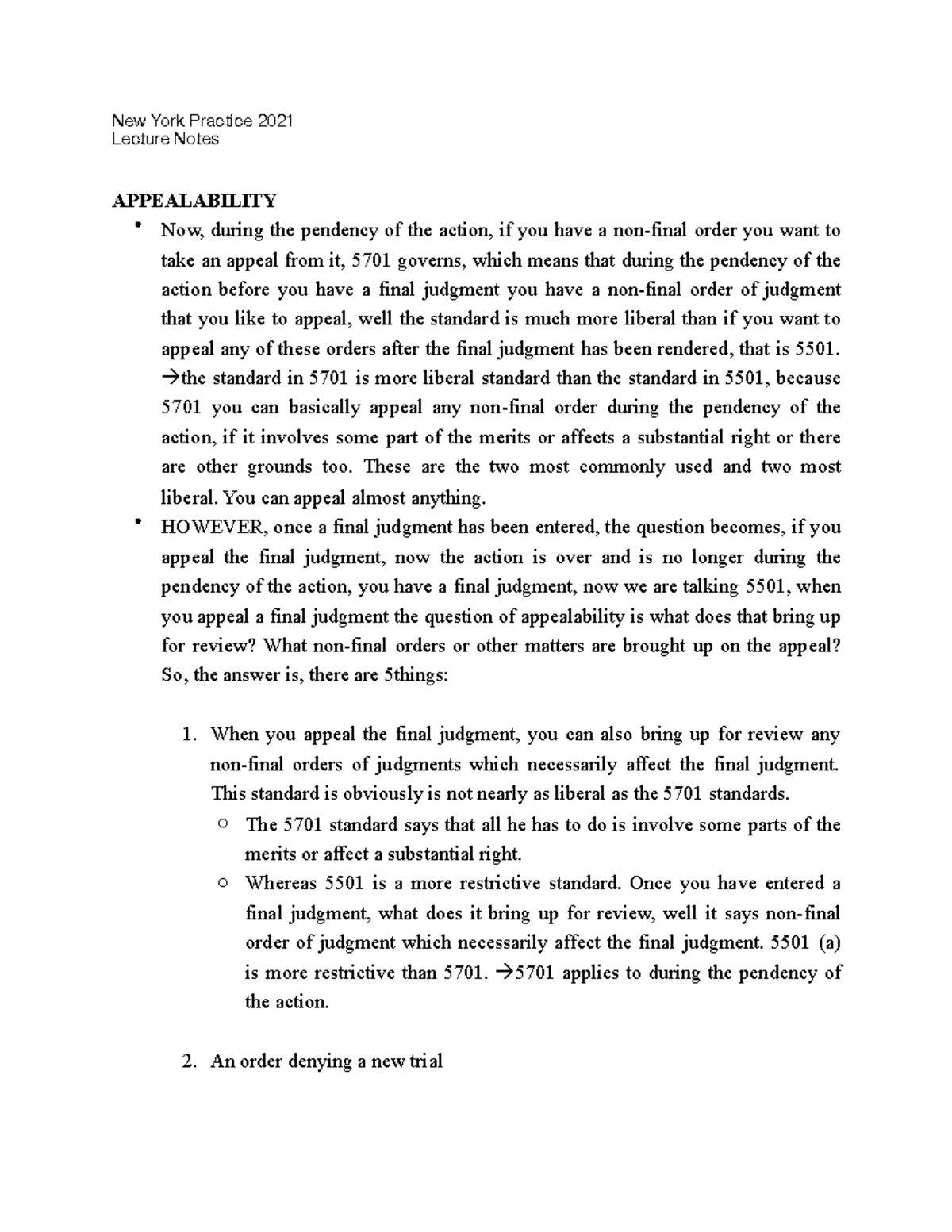 Appealability - Lecture notes 5 - New York Practice 2021 Lecture Notes ...