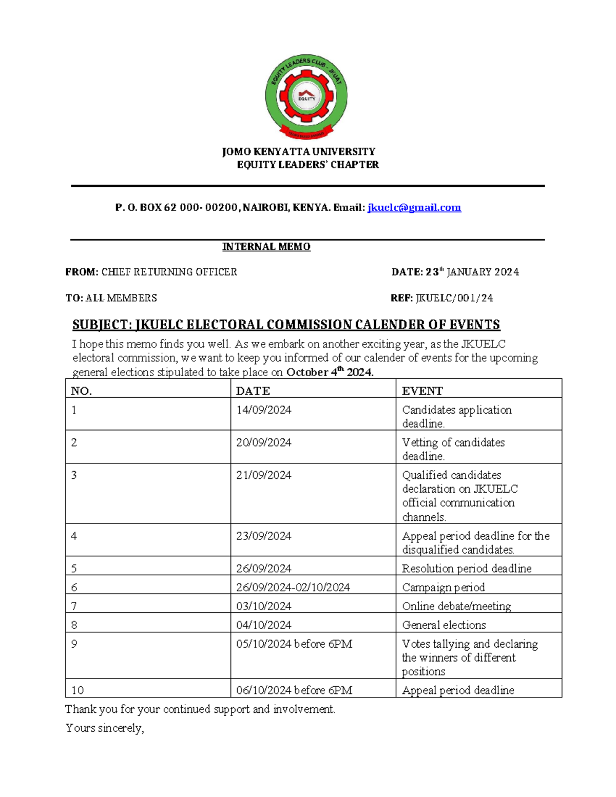 Jkuelc Electoral Commission Calender OF Events 2024 - JOMO KENYATTA ...