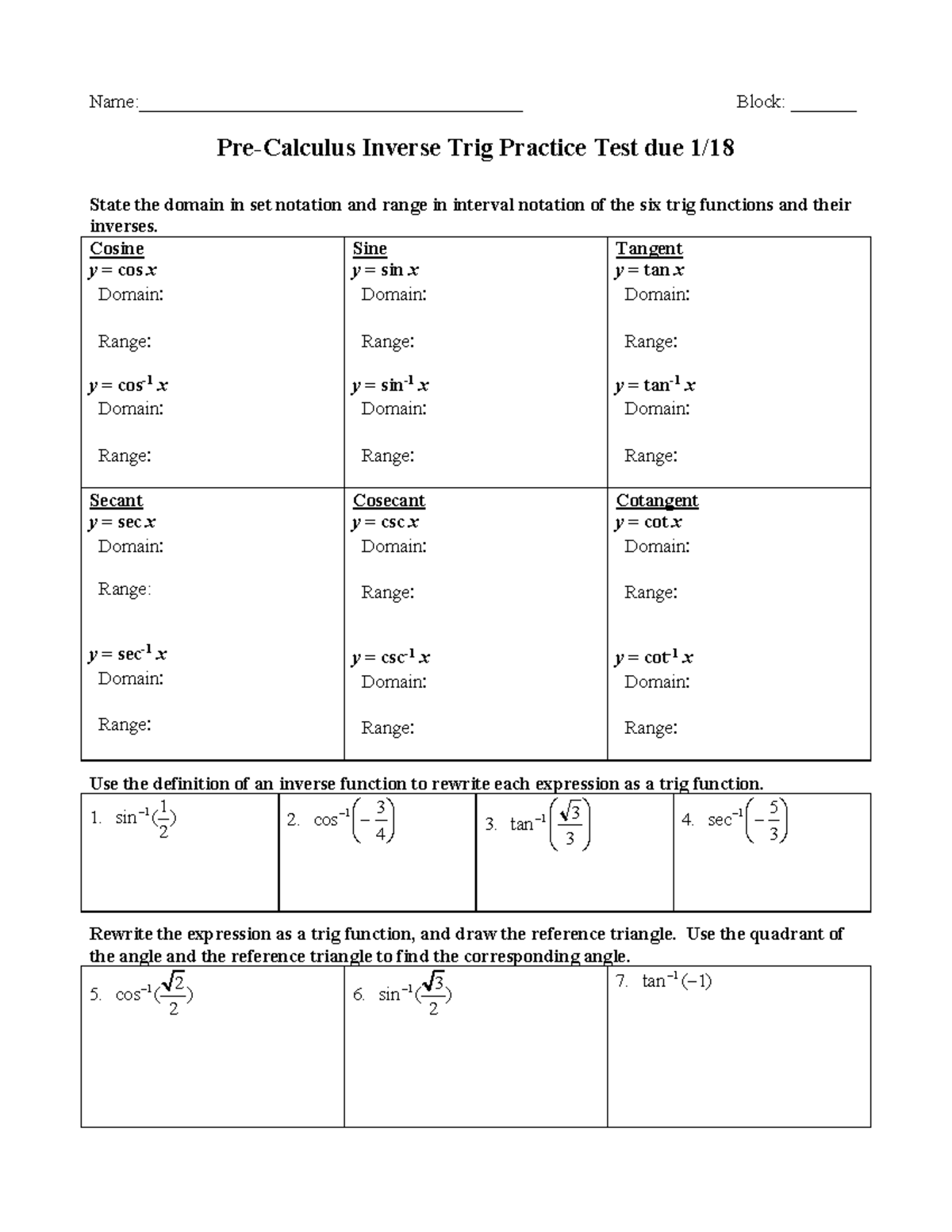 Practice Testfor Inverse Functions - Name ...