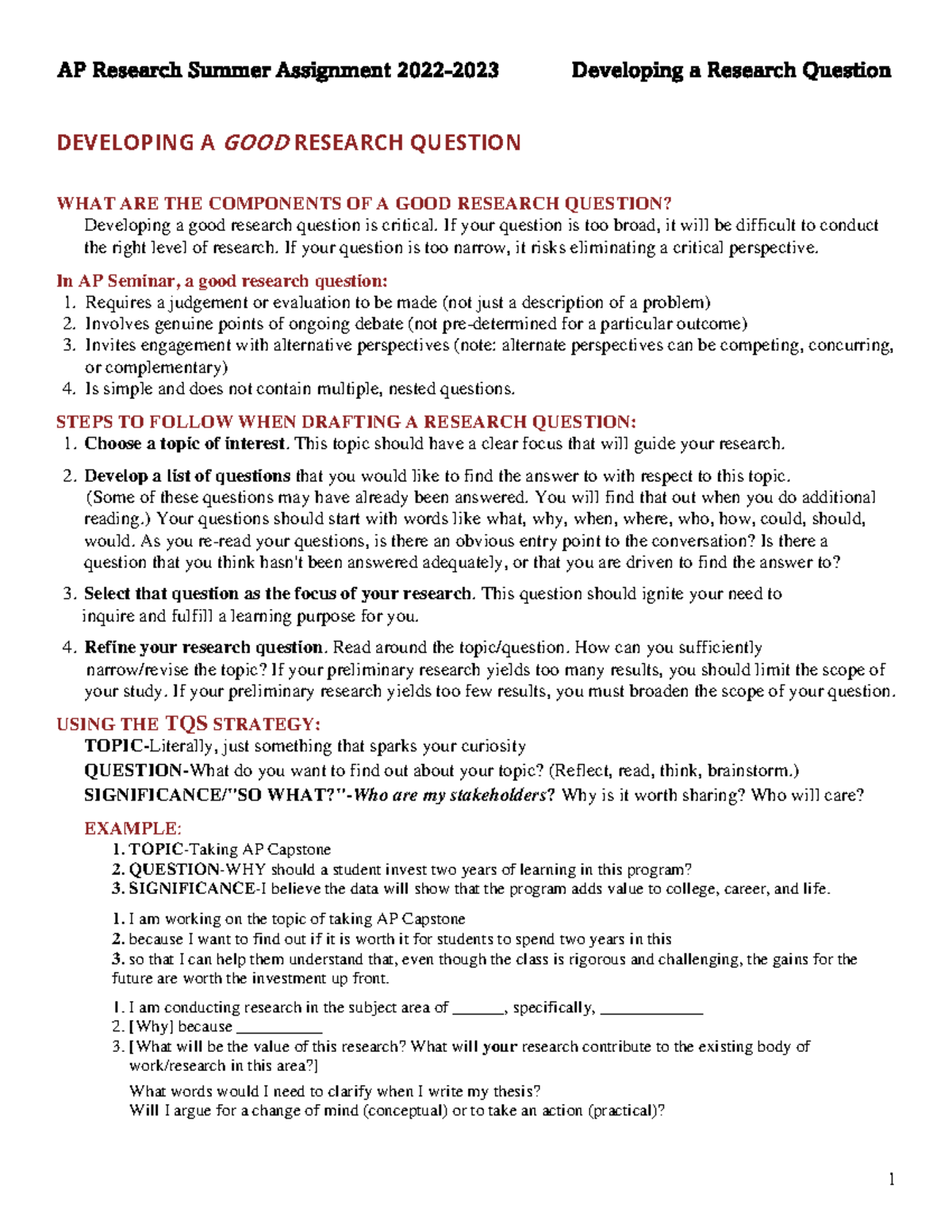 Notes Developing a GOOD Research Question - 1 AP Research Summer ...