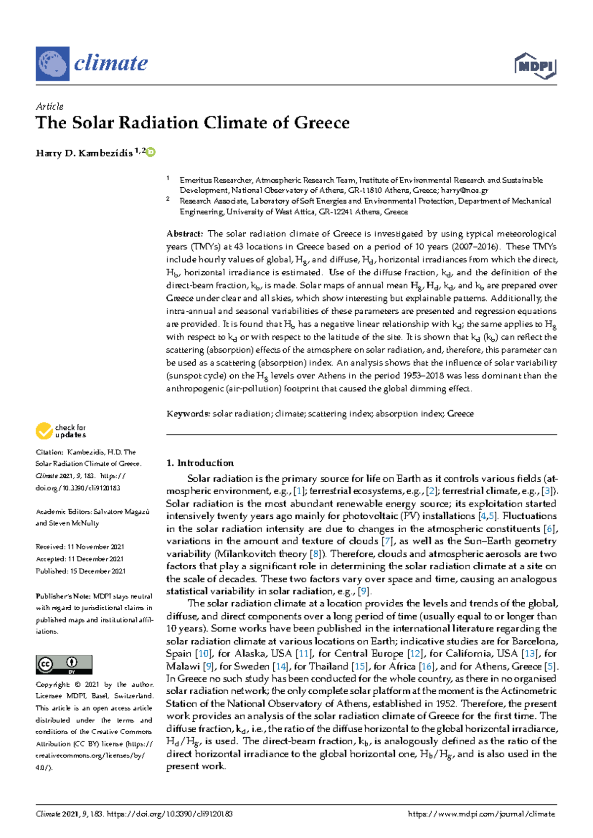 Climate-09-00183 - climate Article The Solar Radiation Climate of ...