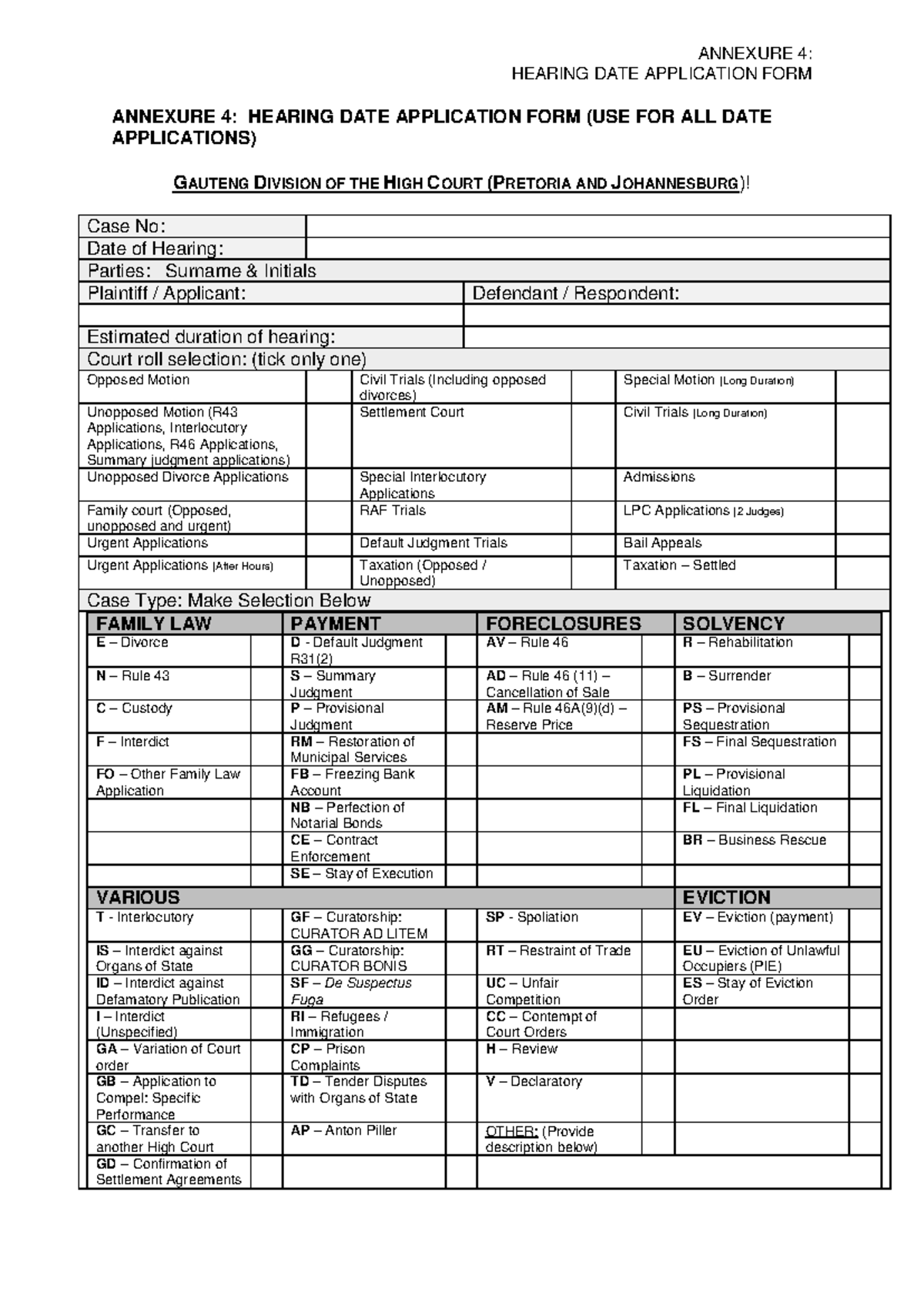 Annexure 4 Hearing date application form - ANNEXURE 4 : HEARING DATE APPLICATION FORM ANNEXURE 4 ...