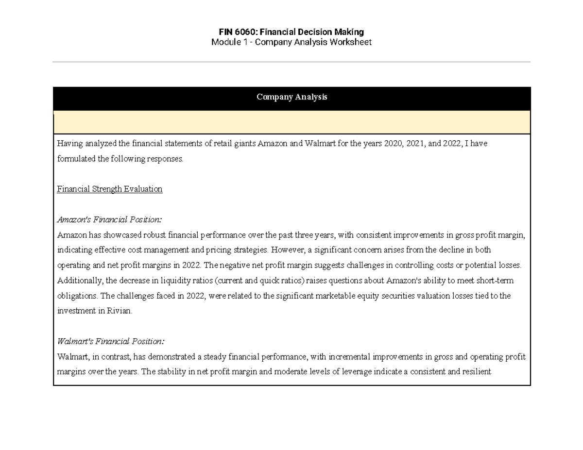FIN 6060 Module 1 Worksheet - Module 1 - Company Analysis Worksheet ...