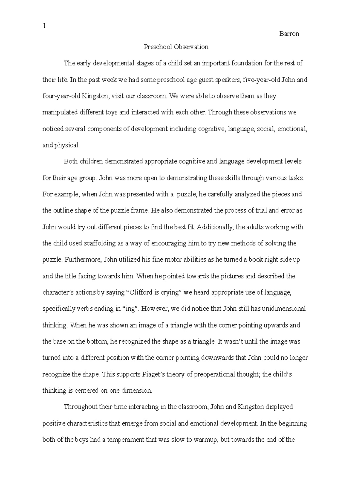 Preschool Observation Paper - Barron Preschool Observation The early ...