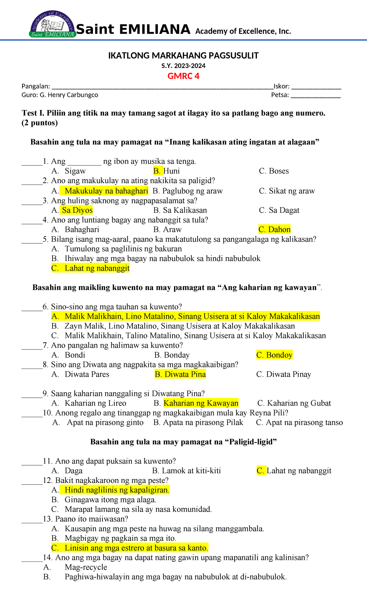 GMRC 4 3rd Q Exam - N/A - Saint EMILIANA Academy of Excellence, Inc ...