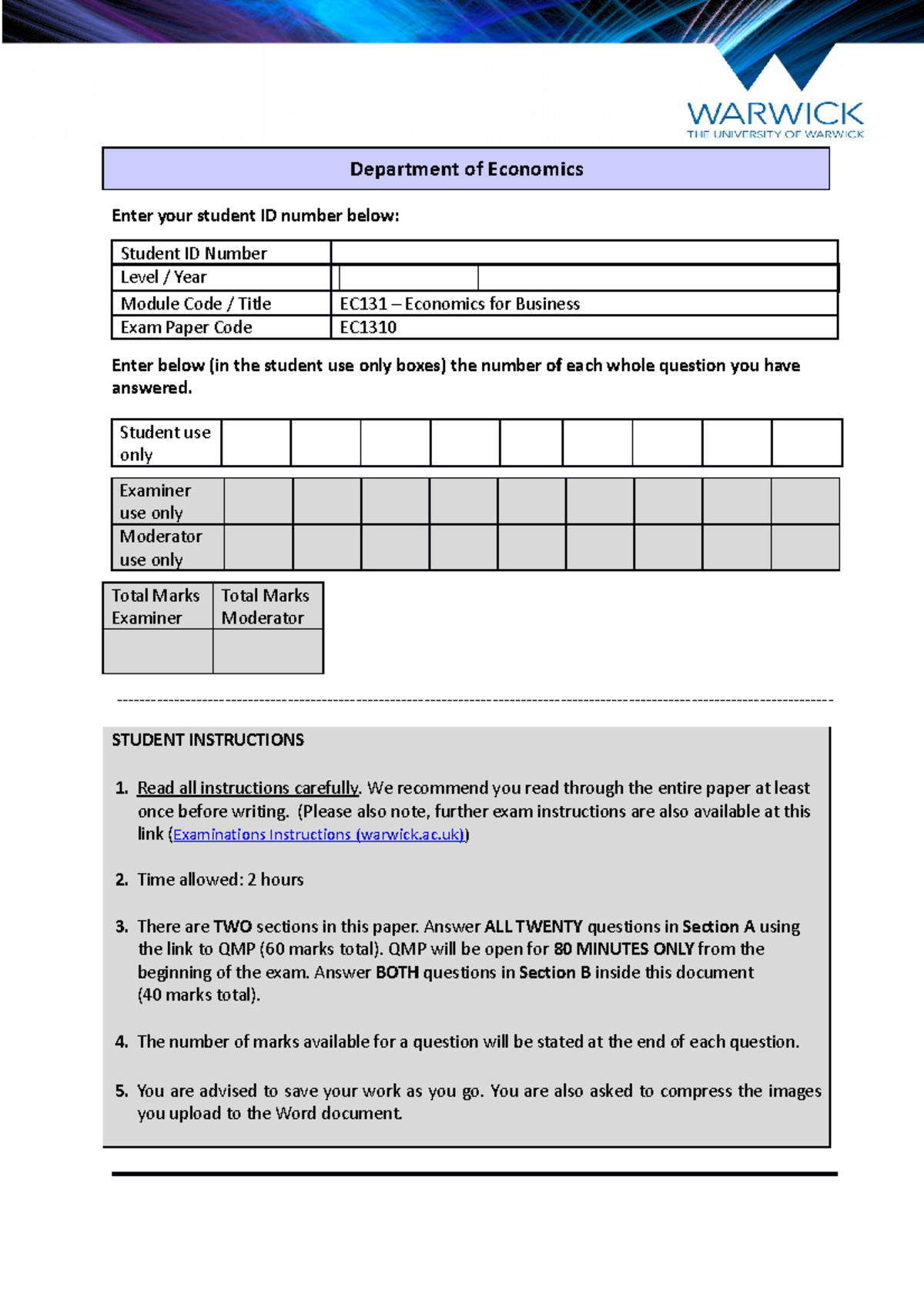 EC131 0 Summer 2023 - Department of Economics Enter your student ID ...