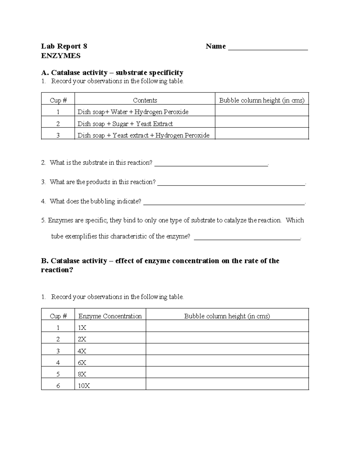 Enzyme Lab Report OER - Tagged - Lab Report 8 Name ...