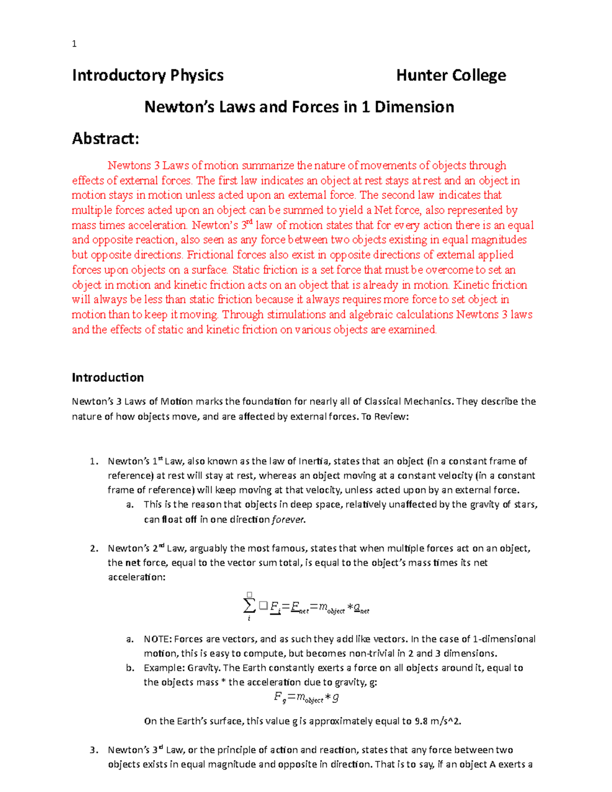 Lab 4 Newtons Laws - Introductory Physics Hunter College Newton’s Laws ...