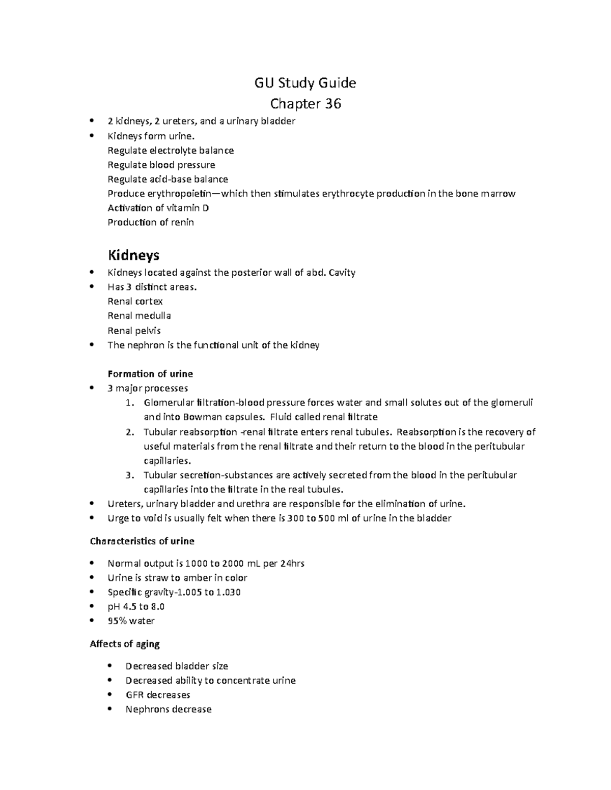 GU Study Guide - Ch. 36 urinary system, function, assessment and ...