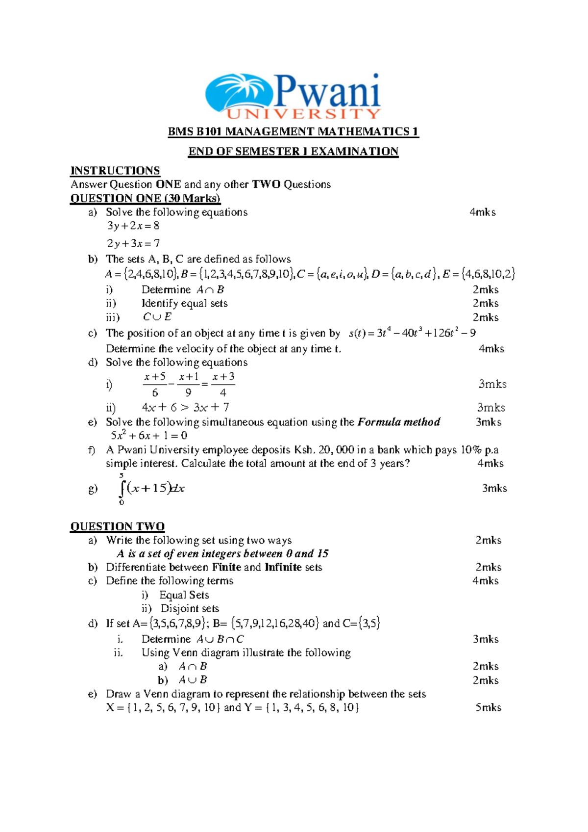 BMS B101 Evening Group exam - BMS B101 MANAGEMENT MATHEMATICS 1 END OF ...