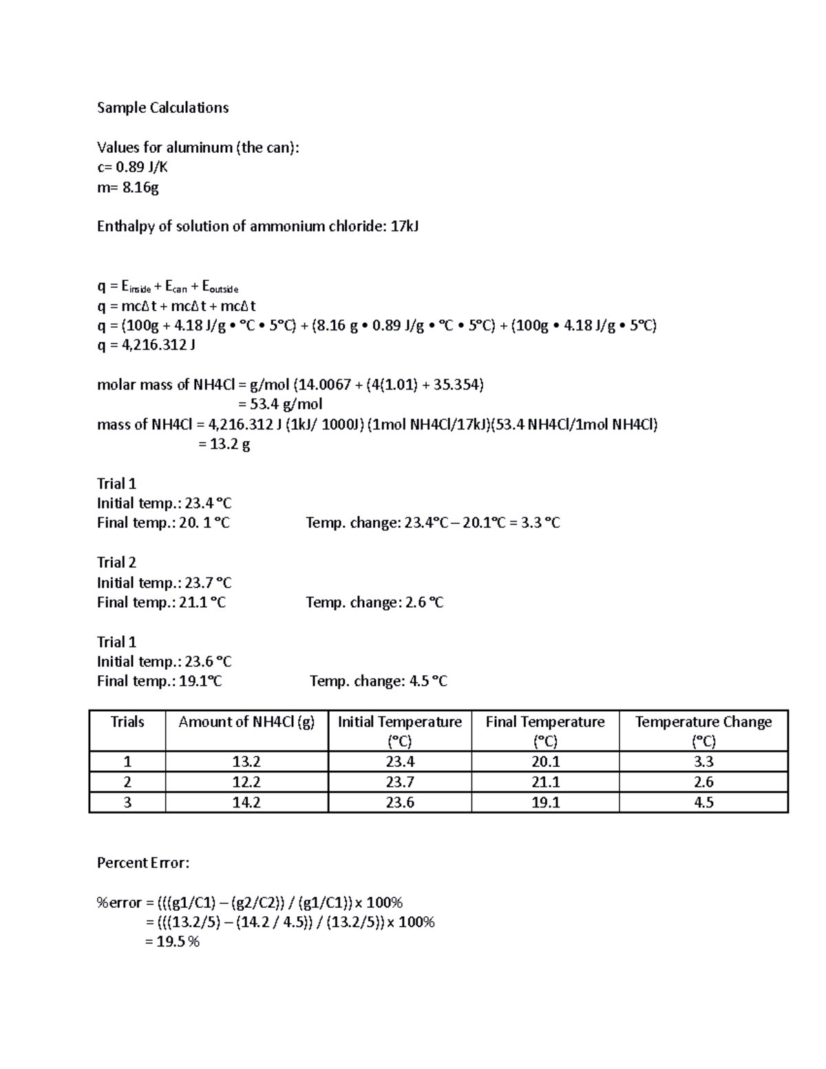 Lab2 - Lab2 - Sample Calculations Values for aluminum (the can): c= 0 J/K m= 8 Enthalpy of ...