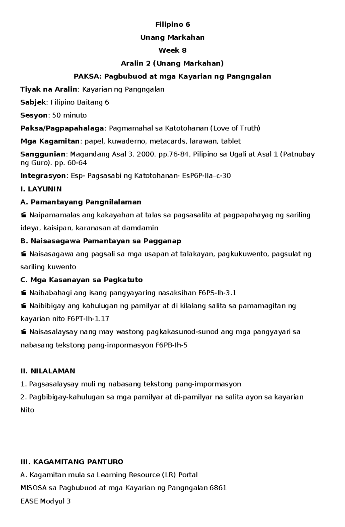 Filipino 6 Q1 Week8 - Filipino 6 Unang Markahan Week 8 Aralin 2 (Unang Markahan) PAKSA ...