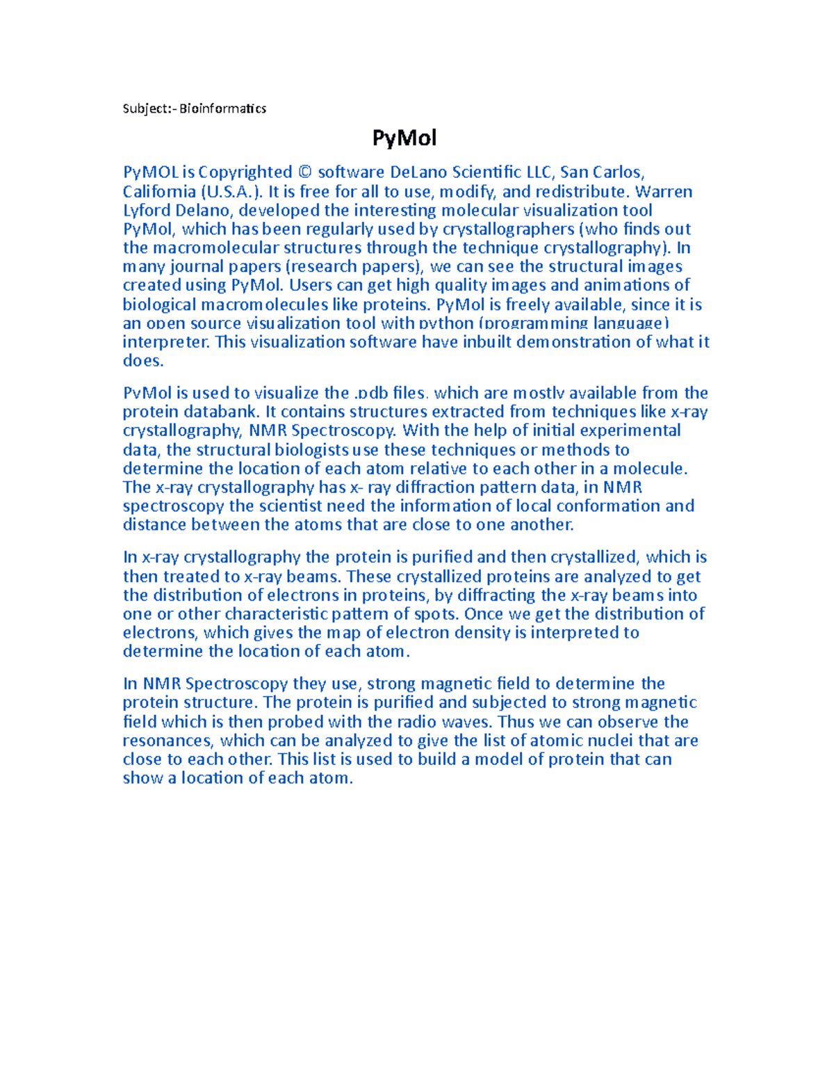 Pymol Basics Summary Subject Bioinformatics Pymol Pymol Is