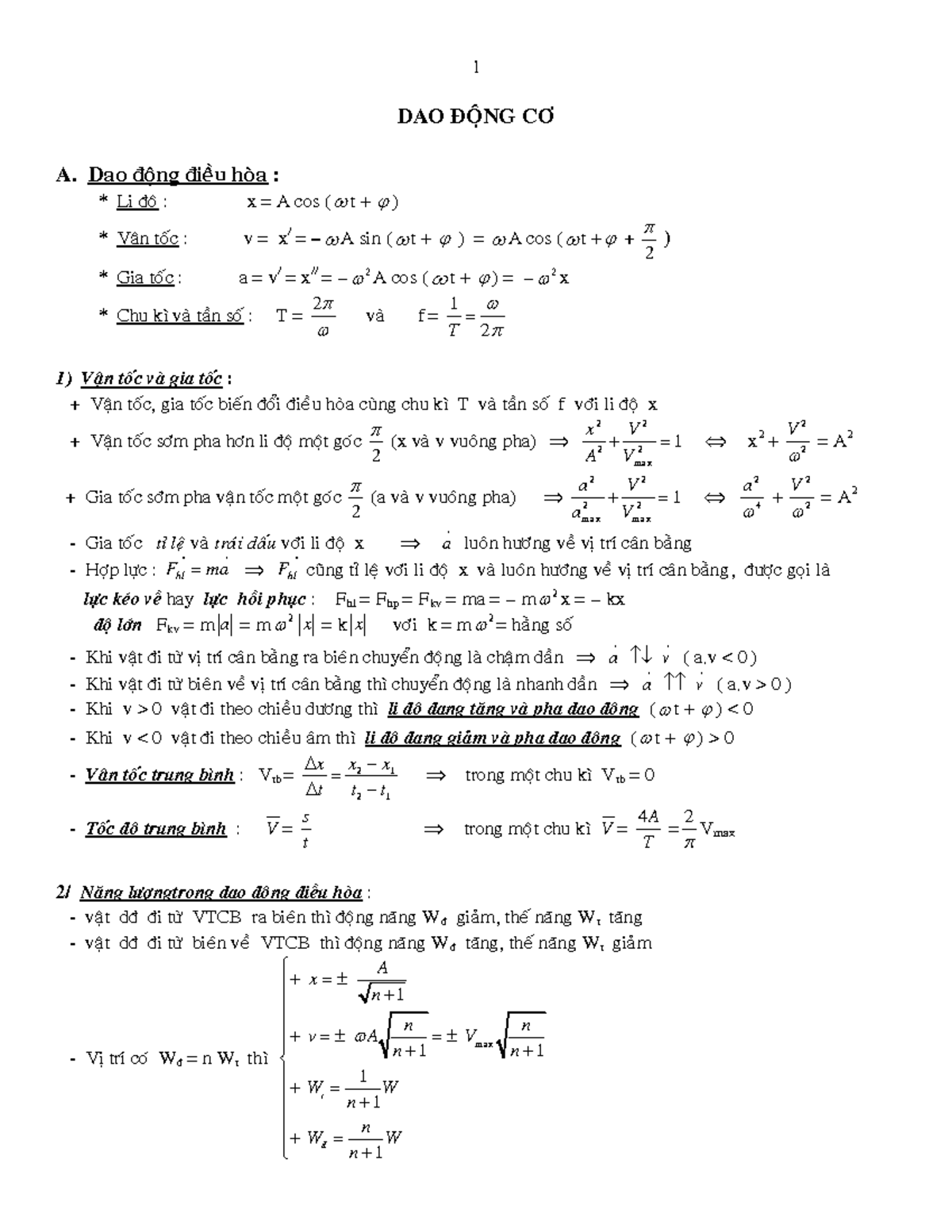 CONG THUC TINH Nhanh VL12 - DAO —OƒNG C‘ A. Dao Òo‰ng Òie‡u ho ̄a : * Li Òo‰ : x = A cos ( t ...