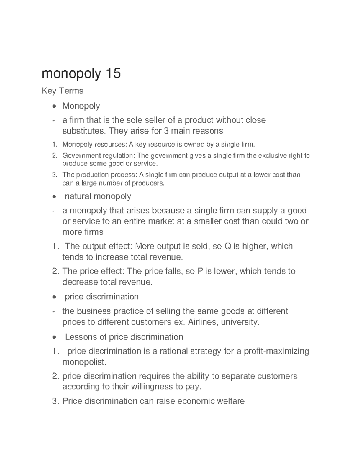Real chapter 15 notes ec120 - monopoly 15 Key Terms Monopoly a firm ...