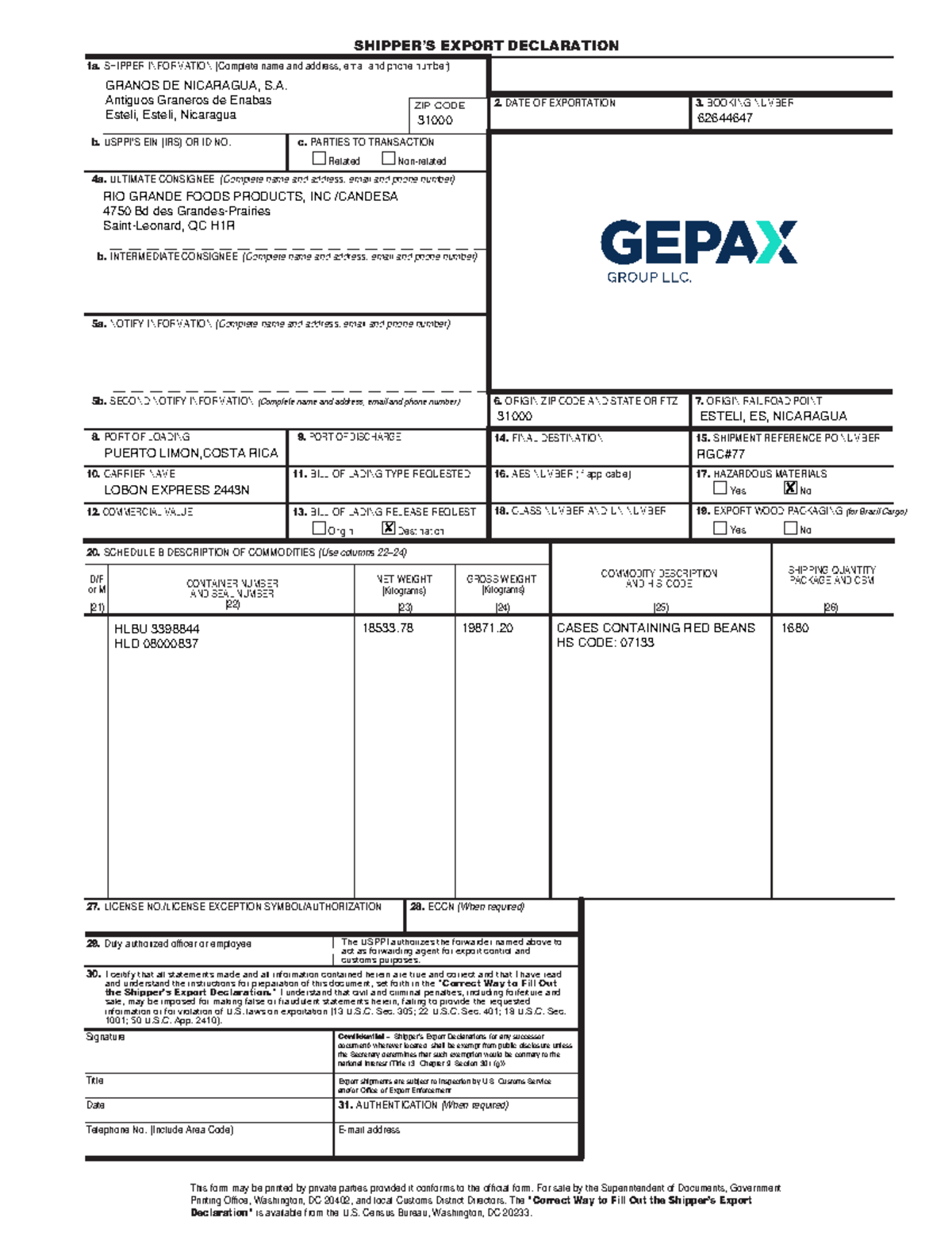 SLI Gepax - n/a - SHIPPER’S EXPORT DECLARATION 1a. SHIPPER INFORMATION ...