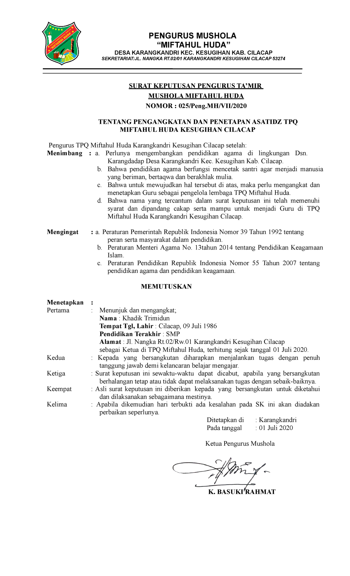 Surat SK TMT - “MIFTAHUL HUDA” DESA KARANGKANDRI KEC. KESUGIHAN KAB ...