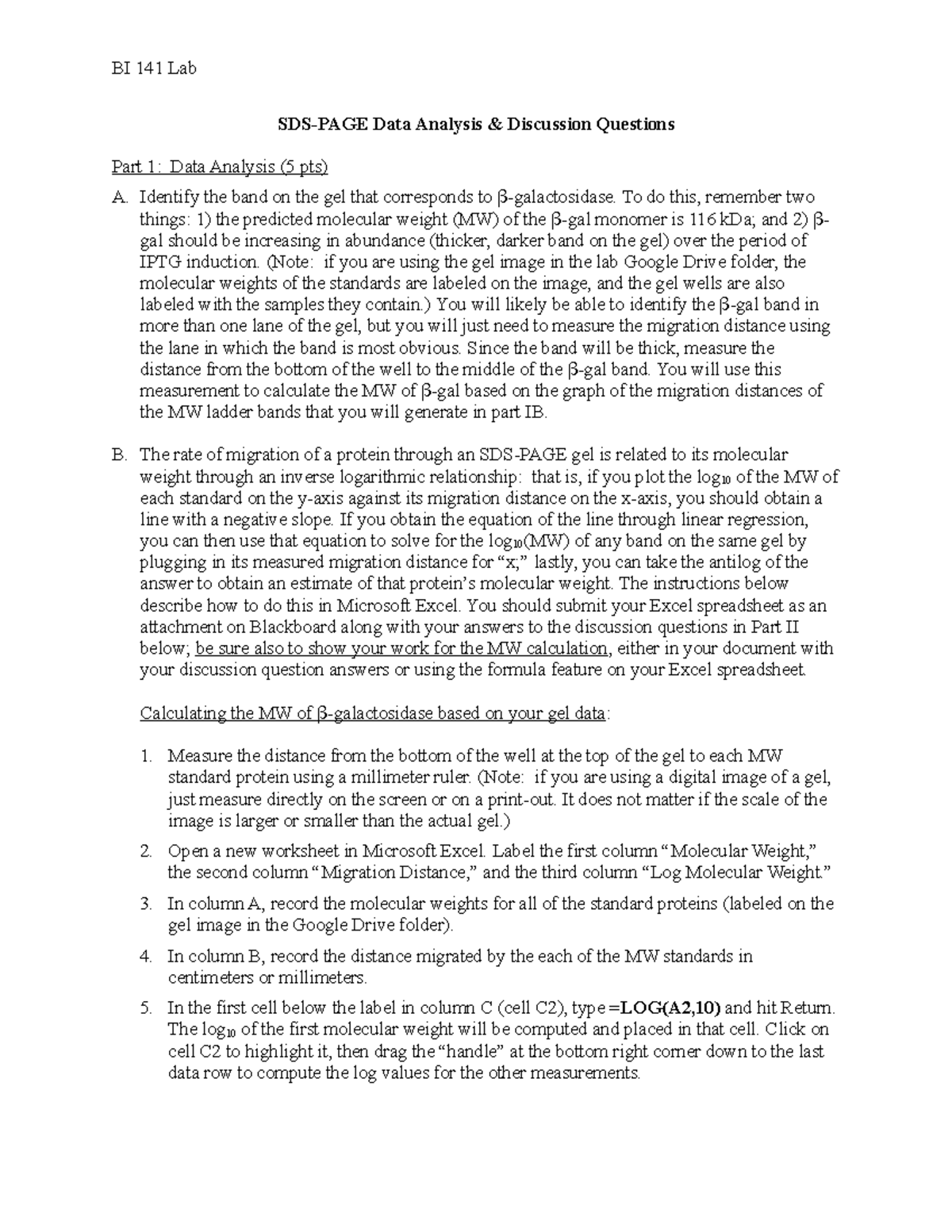Lab 10 SDS-PAGE HW S20 - Lab 10 SDS - BI 141 Lab SDS-PAGE Data Analysis ...