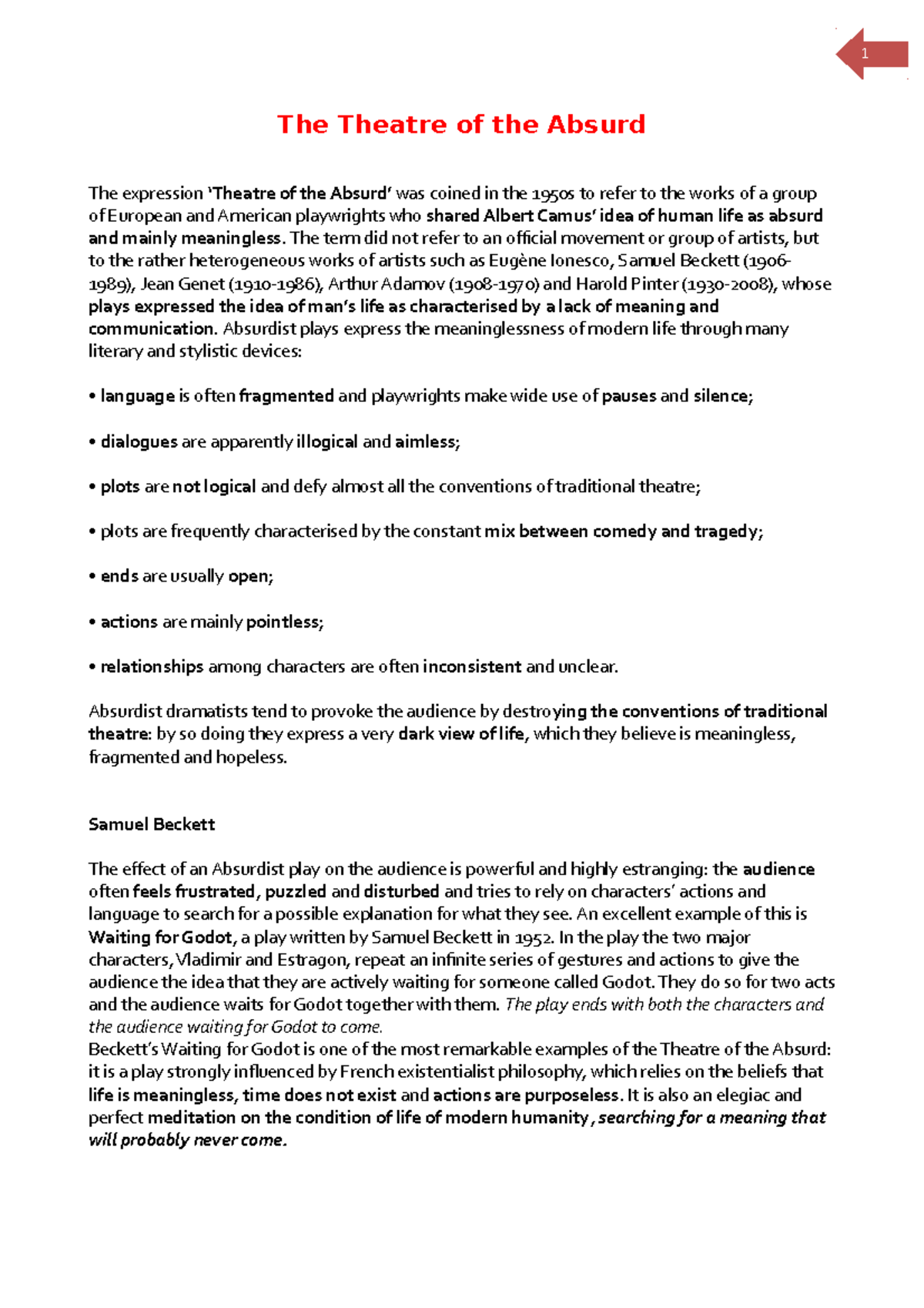 Beckett - The Theatre of the Absurd The expression ‘Theatre of the ...