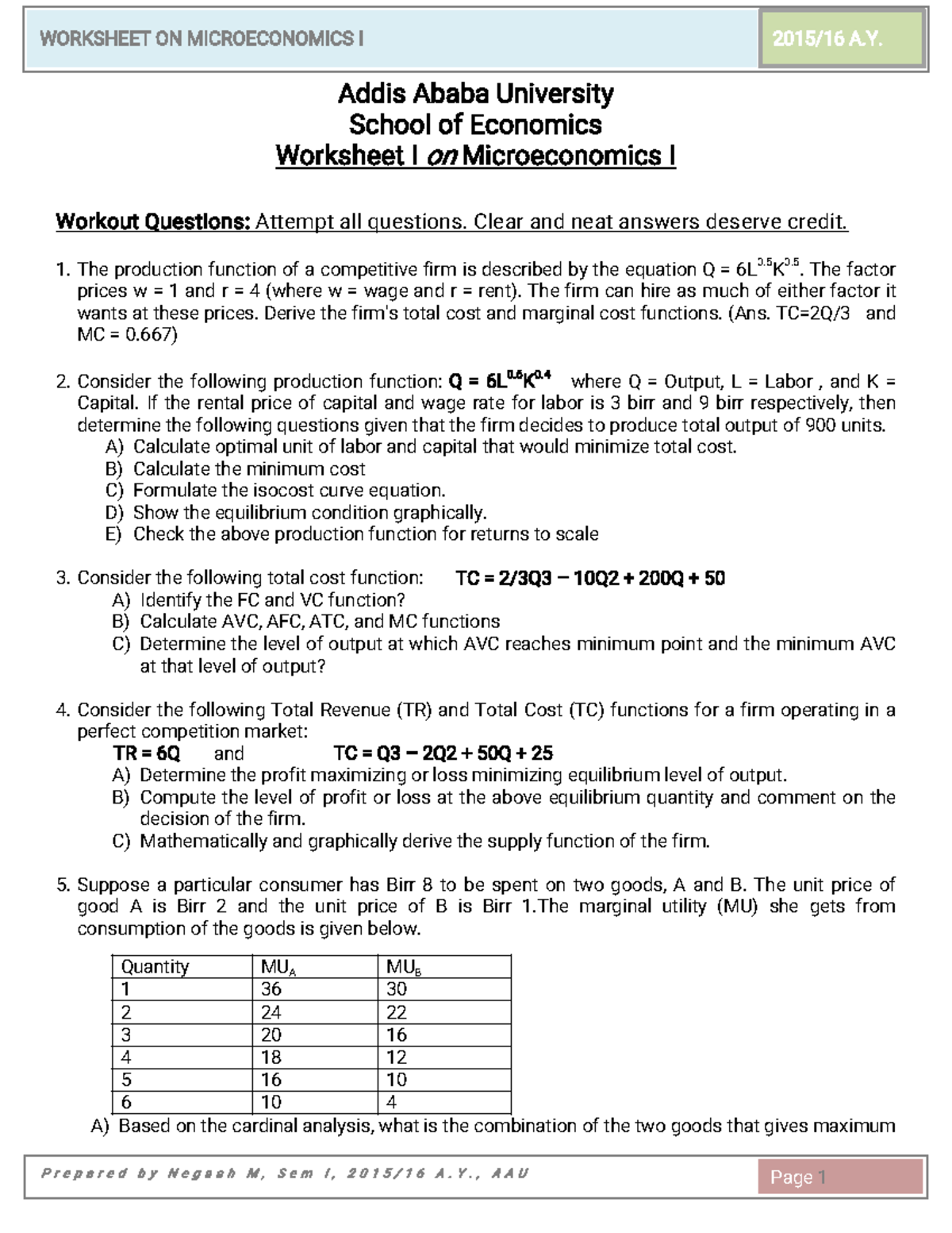 Micro Economics - AddisAbabaUniversity SchoolofEconomics WorksheetI ...