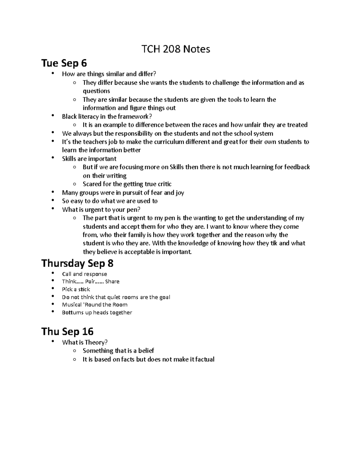 TCH 208 Notes - TCH 208 Notes Tue Sep 6 How are things similar and ...