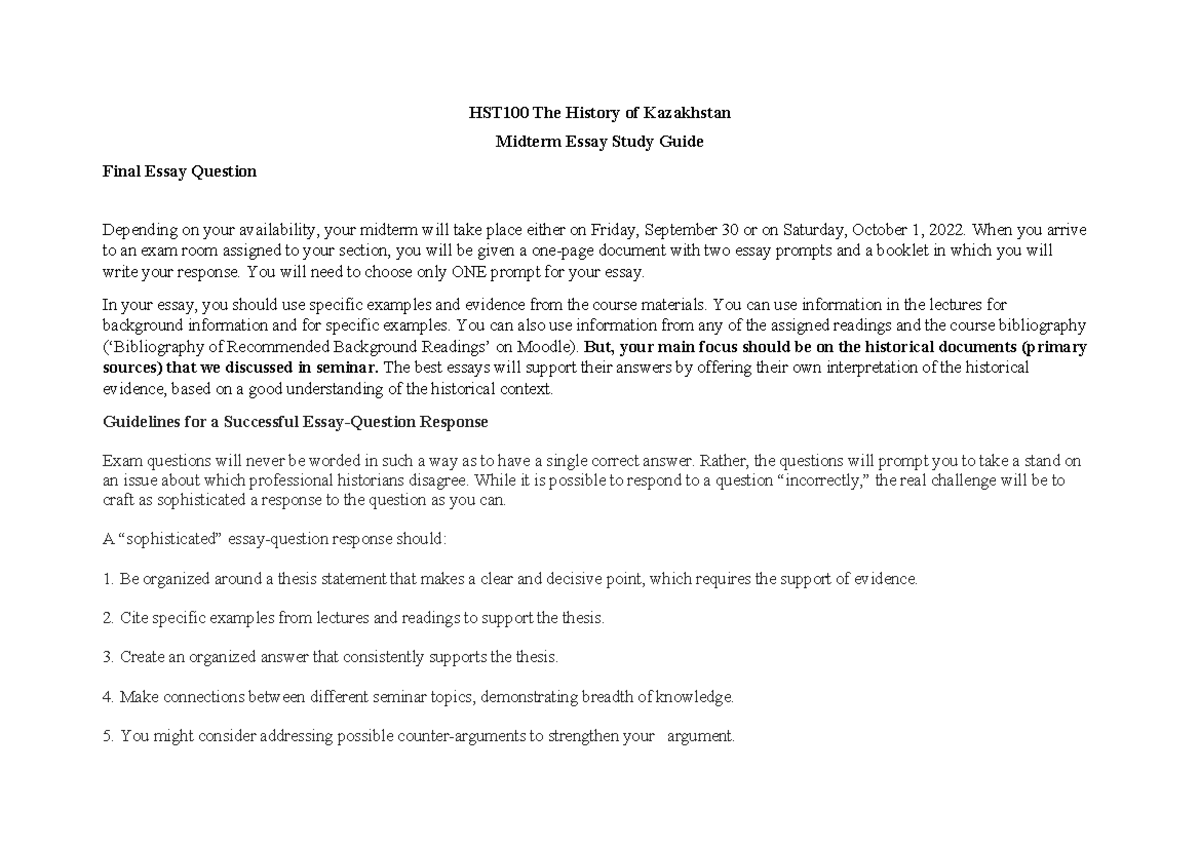 Midterm Essay Guidelines Grading Rubric - Final Essay Question HST100 ...