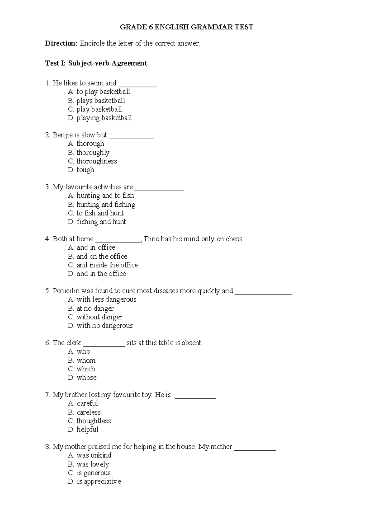 Grade 6 English Grammar TEST - GRADE 6 ENGLISH GRAMMAR TEST Direction ...