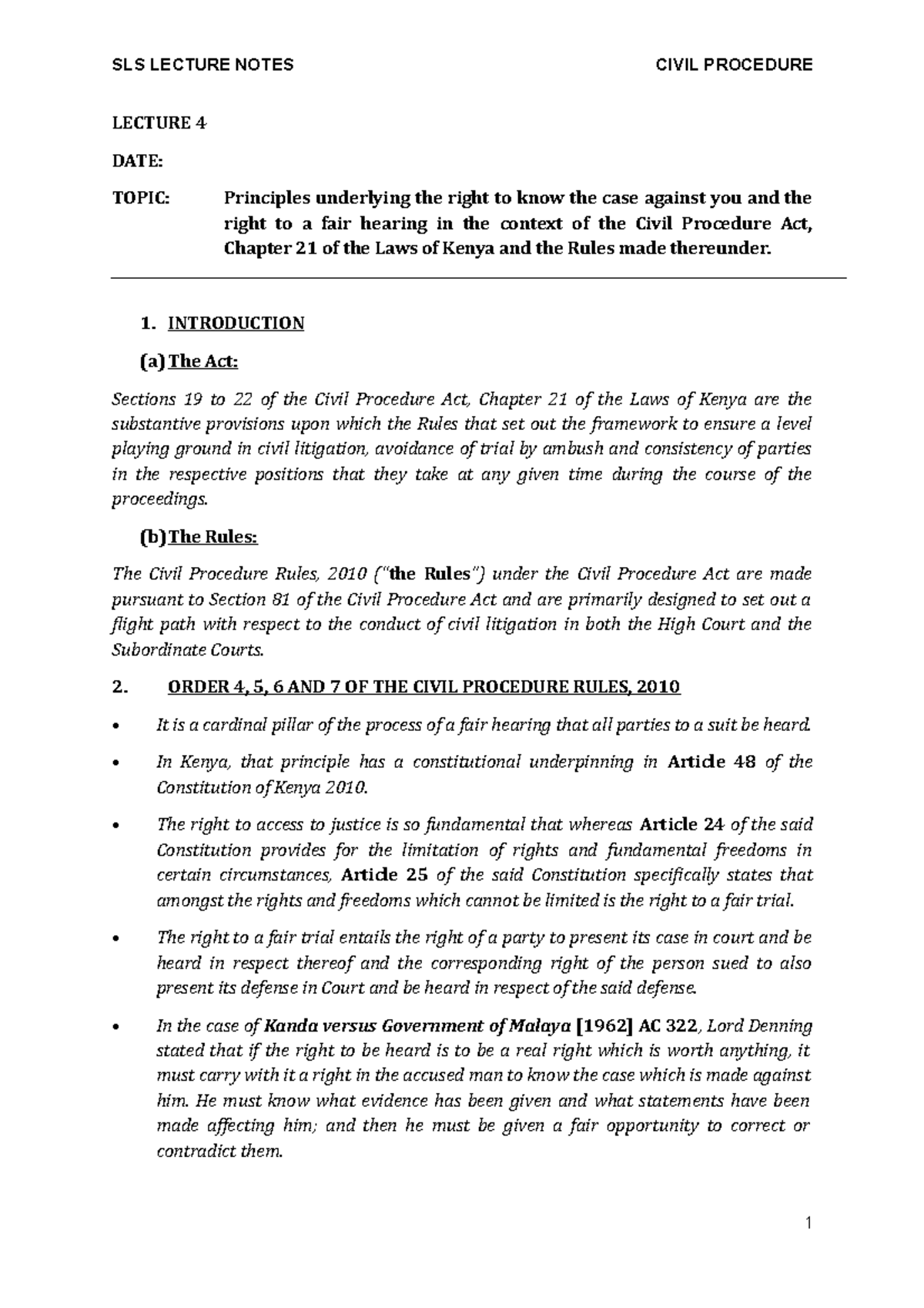 4. Lec 4A - Civil procedure notes - LECTURE 4 DATE: TOPIC: Principles ...