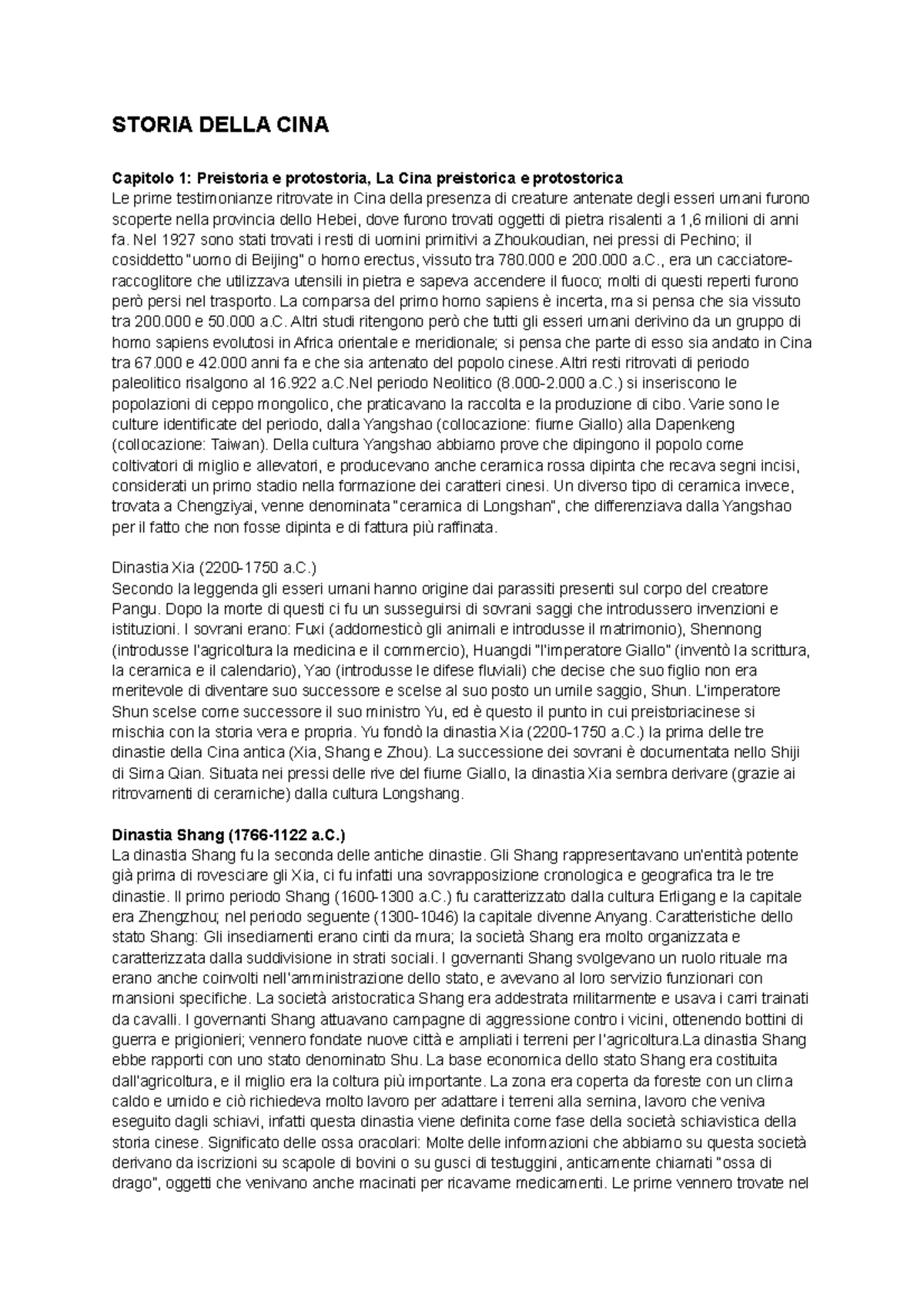 Storia della Cina - STORIA DELLA CINA Capitolo 1: Preistoria e ...