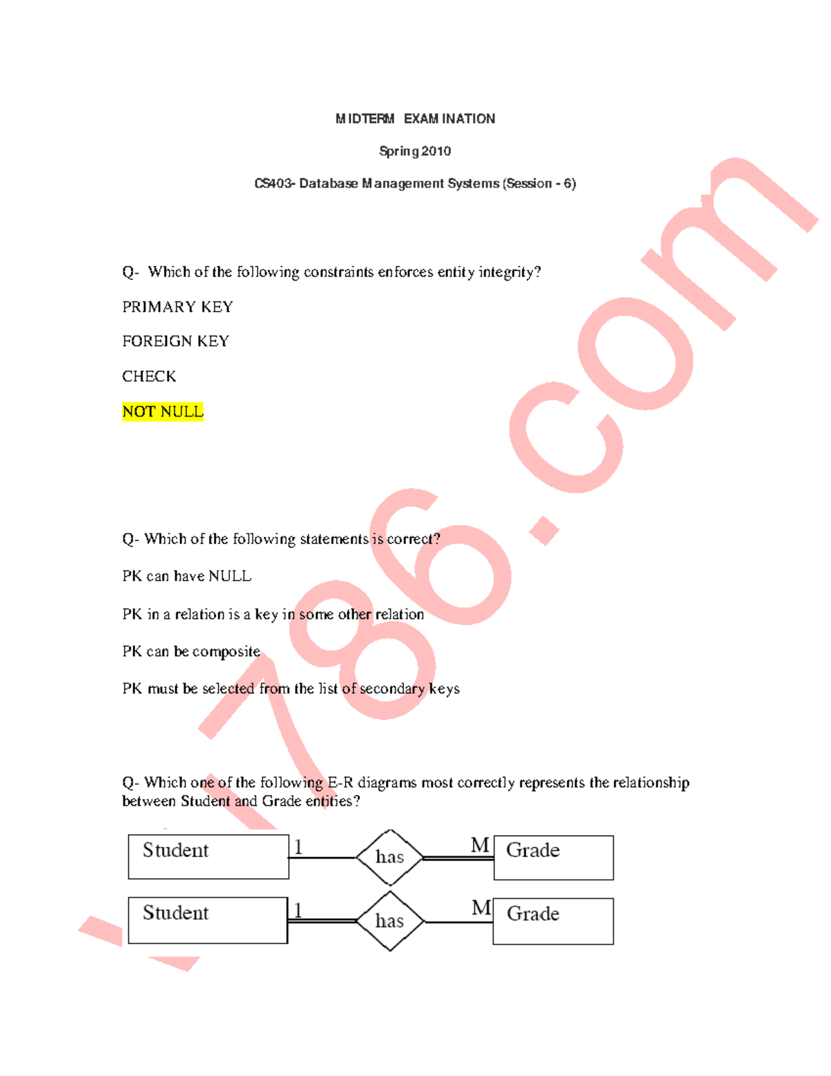 Cs403 mid term 5 www - dddd - MIDTERM EXAMINATION Spring 2010 CS403- Database Management Systems ...