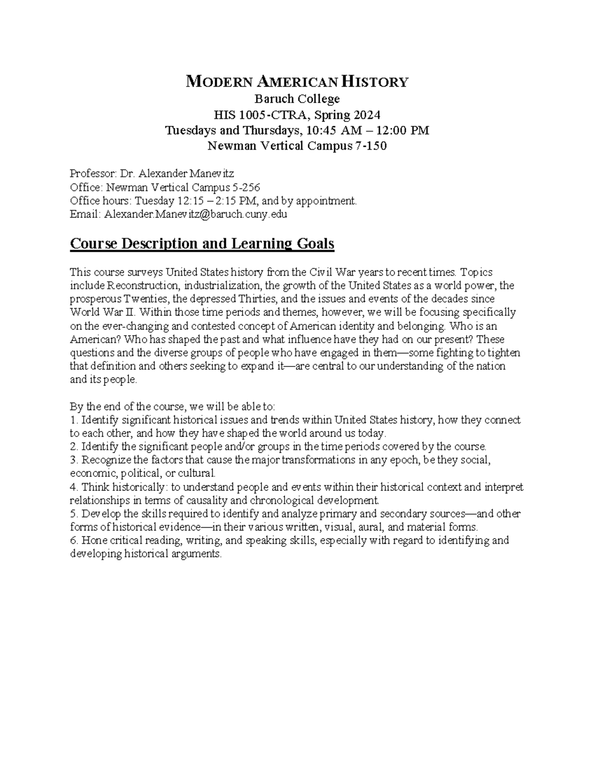 Manevitz-HIS1005 Modern United States-Syllabus S-SP24 Jumbo - MODERN A ...