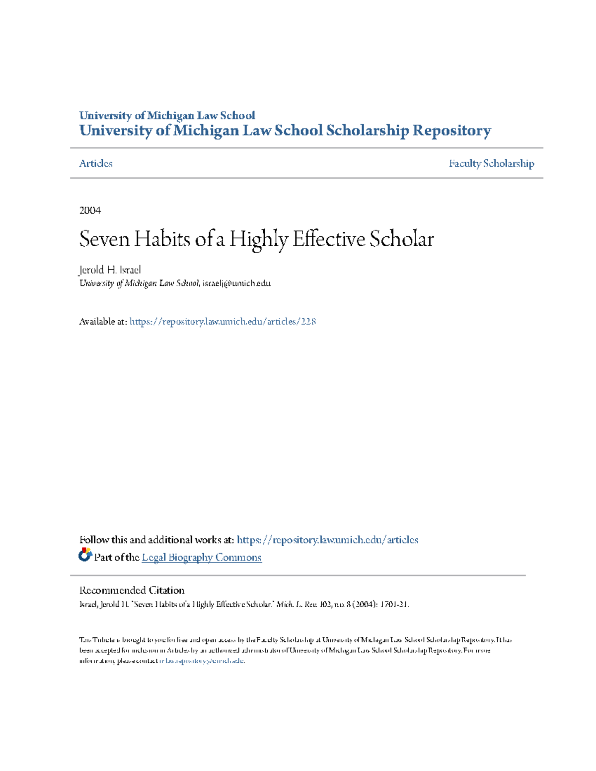 Seven Habits of a Highly Effective Scholar - University of Michigan Law ...