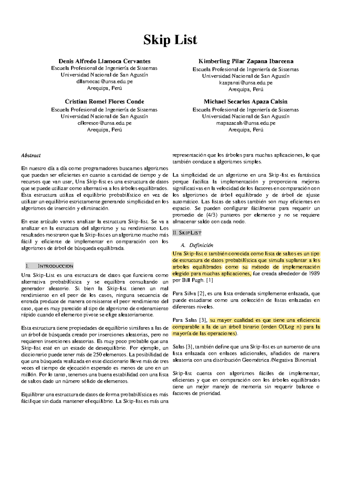 Skip List Articulo - Skip List Denis Alfredo Llamoca Cervantes ...
